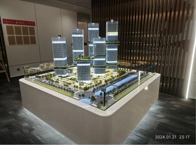 Close-up of illuminated towers in architectural model