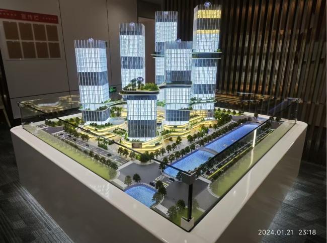 Detailed view of architectural model with landscape features