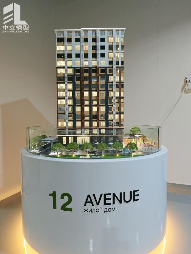 Modern high-rise residential building scale model - front view