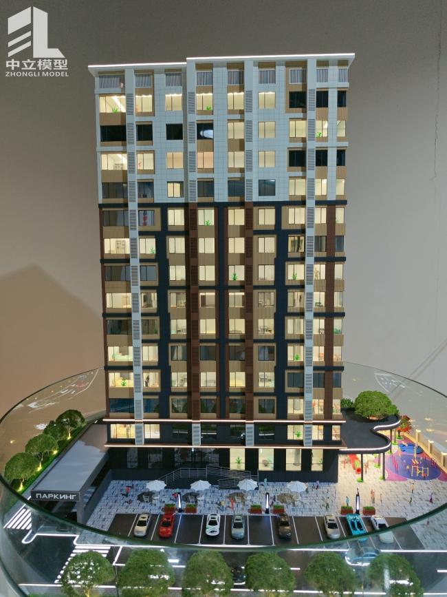Modern high-rise residential building scale model - side view