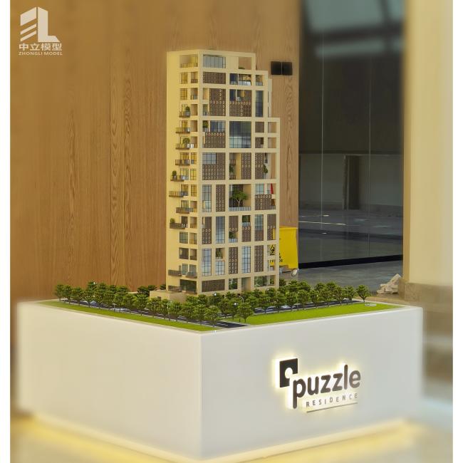 Alternate angle of Puzzle Residence scale model highlighting design details