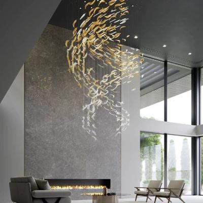 China Custom Made Designer Chandeliers Large Staircase Decoration Hotel Lighting Artistic Murano Glass Feather LED Hanging Chandelier for sale