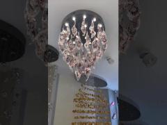 Modern Villa Apartment Living Room Crystal Long Staircase Pendant Lamp With Three Colors Changing Li