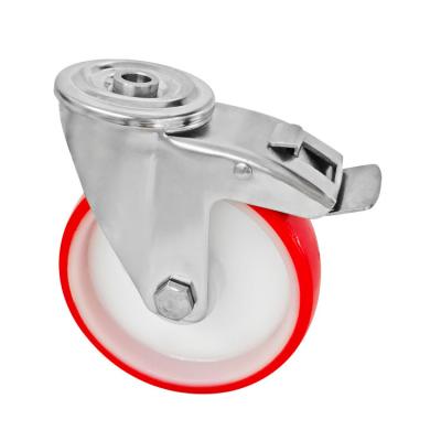 China Custom High Quality Bolt Hole Swivel 304 Stainless Steel Red PU Caster Wheel for sale