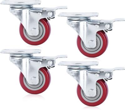 China 4 Inch Plate Swivel Red PU Caster Wheels with Brake – 300 lbs Load Anti-Wear Polyurethane Workbench Furniture Casters for sale