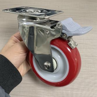 China 100mm Stainless Steel Heavy Duty PU Casters Wheel With Brake 4 Inch Medium Duty PU Casters Wheel With Double Bearing for sale