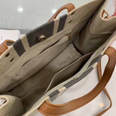 China Blank Leather Handle Custom Linen Cotton Canvas Tote Bag With Pocket for sale