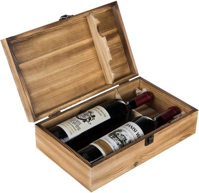 China Torched Double Bottle Wooden Wine Box Top Handle Hinged Lid Carrier for sale