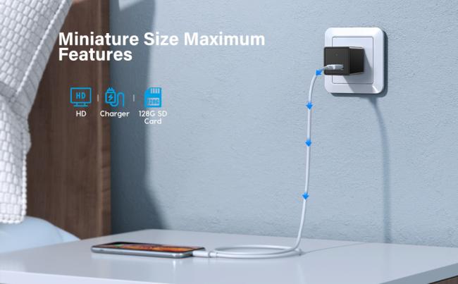 Spy camera in USB charger showing viewing angle adjustment