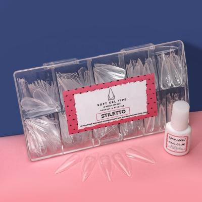 China 100/500 Pcs Stiletto Curved Clear French Acrylic Nails Full Cover False Nails Salons Oft Gel Tips for sale