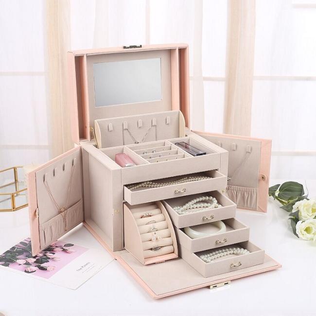 Large capacity PU leather jewelry box interior view with compartments