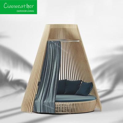 China Geen gevouwen modern design alle weersomstandigheden afgeknopte ronde buitendagbed met luifel voor tuinpark resort hotelmeubilair Te koop