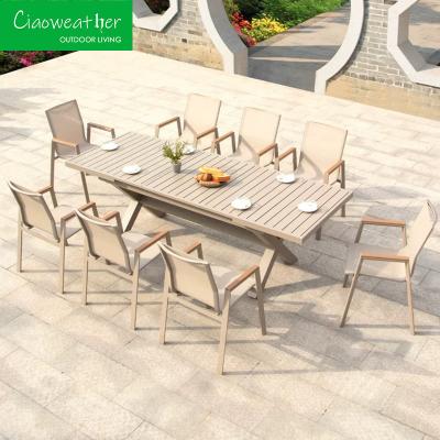 China Moderne buitenmeubelen Tuinrestaurant Parijs Bistro Eetkamer Set met aluminium frame en draagbare vouwstoelen Te koop