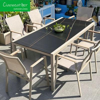 China Moderne buitenmeubelen Tuinrestaurant Parijs Bistro Eetkamer Set met aluminium frame en draagbare vouwstoelen Te koop