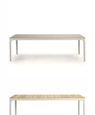 China Op maat gemaakte ontwerpen Luxe patio meubelset Eettafel van massief hout met tafelblad van teakhout en 6 stoelen van kunststof hout Te koop