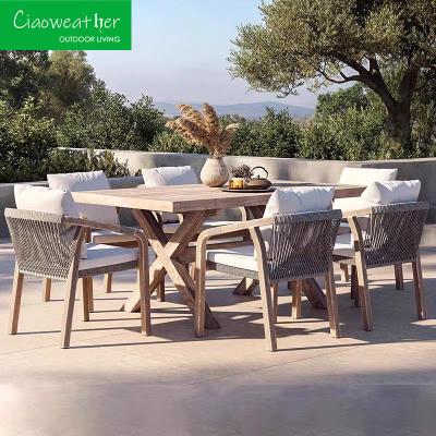 Cina Hotel Outdoor Standard Patio Rope Weaving Teak Wood Giardino Tavolo e sedia Set per mobili da pranzo in vendita