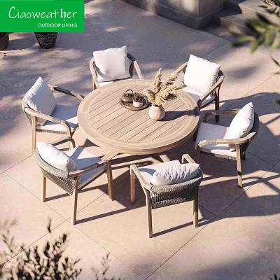 Cina Hotel Outdoor Standard Patio Rope Weaving Teak Wood Giardino Tavolo e sedia Set per mobili da pranzo in vendita