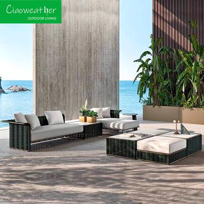 China Outdoor Patio Garden Furniture Rattan Weaving Sofa Set with Water-Resistant Fabric Outdoor Foam Cushion for sale