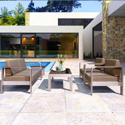 China Conjunto de sofá de jardim de alumínio tecido à mão Móveis modernos para o exterior com almofada de espuma para o exterior e tecido resistente à água à venda