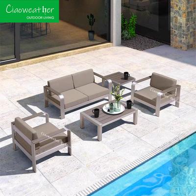 China Conjunto de sofá de jardim de alumínio tecido à mão Móveis modernos para o exterior com almofada de espuma para o exterior e tecido resistente à água à venda