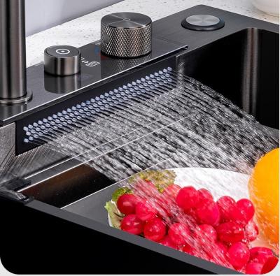 China Grey 75*45 Single Bowl Countertop Undermount SUS304 Kitchen Sink with Rainfall Faucet Pull-Out Sprayer for sale