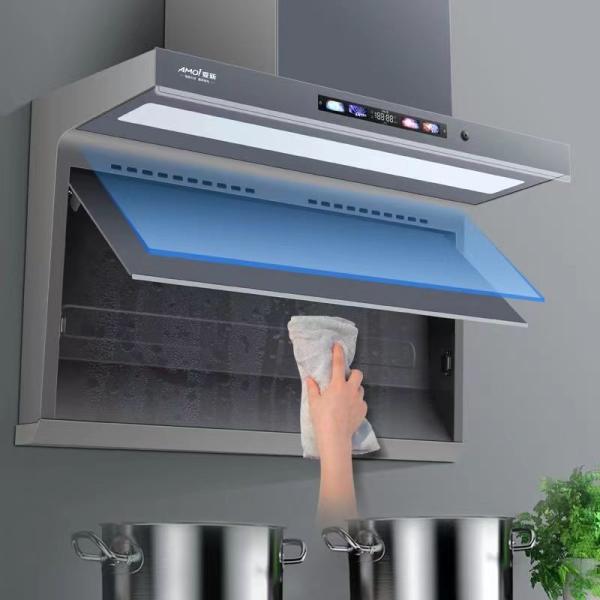 Quality Aluminum Housing Kitchen Range Hood with Wall Mounted Curve Glass Chimney Design for sale