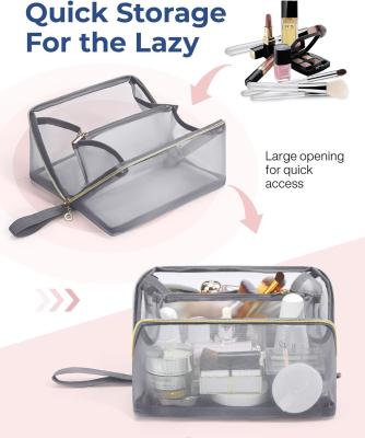 China Portable Large Black Mesh Cosmetic Bag Open Flat Organizer Travel Bag For Men Women for sale
