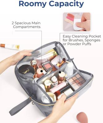 China Portable Large Black Mesh Cosmetic Bag Open Flat Organizer Travel Bag For Men Women for sale