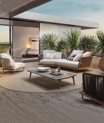 China Modern nieuw ontwerp PL lint geweven aluminium frame hotel villa bank en tafel set Te koop