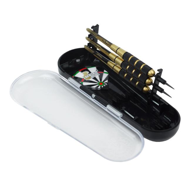 Close-up view of Gentry Live brass darts barrel and components