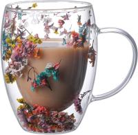 Quality 350ml 12OZ Heat Resistance Double Wall Coffee Cups With Dry Flower Transparent for sale