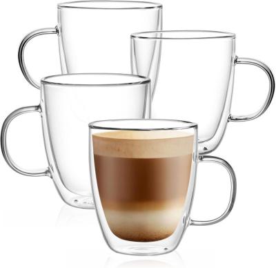 China Reusable Borosilicate Double Walled Glass Mugs With Handle Heat Insulated 400ml 500ml for sale