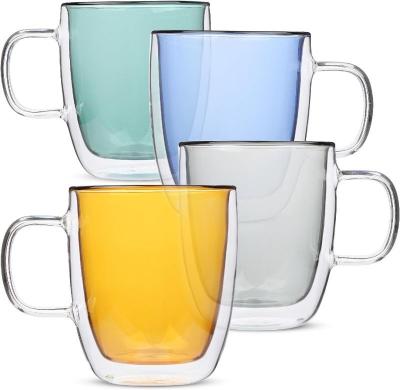 China Reusable Colorful Double Wall Glass Mug Borosilicate Glass Cup With Handle 400ml for sale