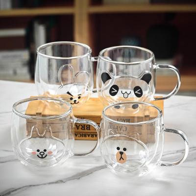 China Borosilicate Glass Double Wall Clear Coffee Mugs Cartoon Cute Animal Shape 300ml for sale