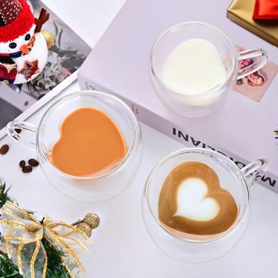 China Clear Heart Shape Double Insulated Glass Mugs High Borosilicate Glass Coffee Mug for sale