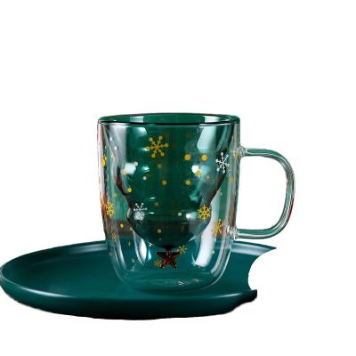 China Nordic Design Double Wall Glass Mug Merry Christmas Santa Tree Coffee Mug 300ml for sale