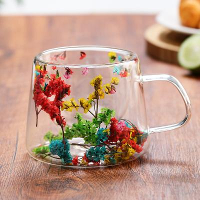 China High Borosilicate Glass Cup Double Wall Dry Flower Glass Coffee Mug Heat Resistant for sale