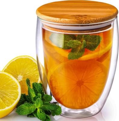 China Amber Color Double Walled Tea Mug Set Reusable Glass Coffee Mugs With Bamboo Lid for sale