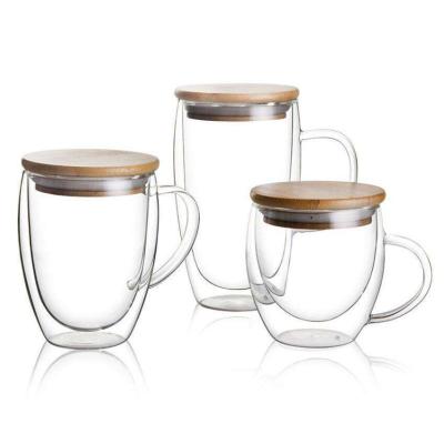China Handmade High Borosilicate Insulated Clear Glass Drinking Mug Double Wall Glass Coffee Tea Cup With Bamboo Lid Handle for sale