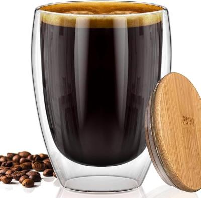 China High Borosilicate Double Wall Glass Coffee Cup With Bamboo Lid 250ml 350ml 450ml for sale