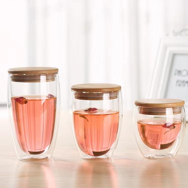 Quality 250ml 350ml 450ml Double Wall Glass Mug With Bamboo Lid High Borosilicate Glass Cup for sale