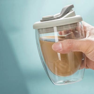 China 350ml High Borosilicate Heat Resistant Double Wall Glass Straight Drink Cup With Silicone Lid For Drinking Coffee for sale