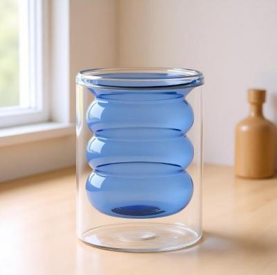 China Ripple Colorful Borosilicate Glass Double Wall Cup Insulated Glasses For Coffee Milk Tea for sale