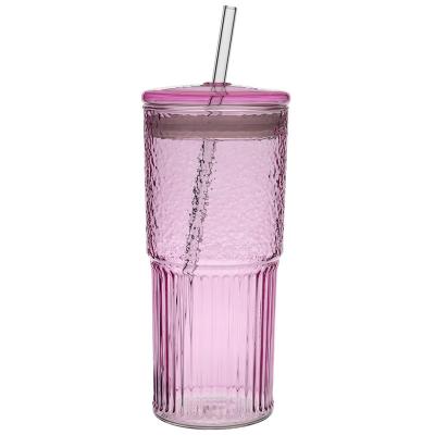China Large Capacity Cold Drink Glass Mug 600ml High Borosilicate Glass Cup With Straw Lids for sale