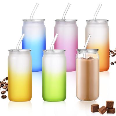 China 380ml 480ml 580ml Frosted Glass Cup Mug With Transparent Lid And Glass Straw for sale