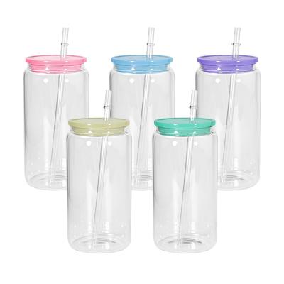 China 12oz 16oz Clear Borosilicate Glass Coffee Glass Cup Drinkware Beer Cup Shaped With Bamboo Lid And Straw for sale
