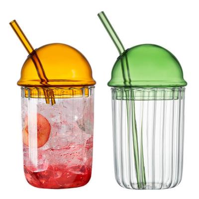 China Customized Drinking Glass Coffee Ice Cup Bubble Tea Mug Glass Tumbler With Glass Dome Lid And Straw for sale
