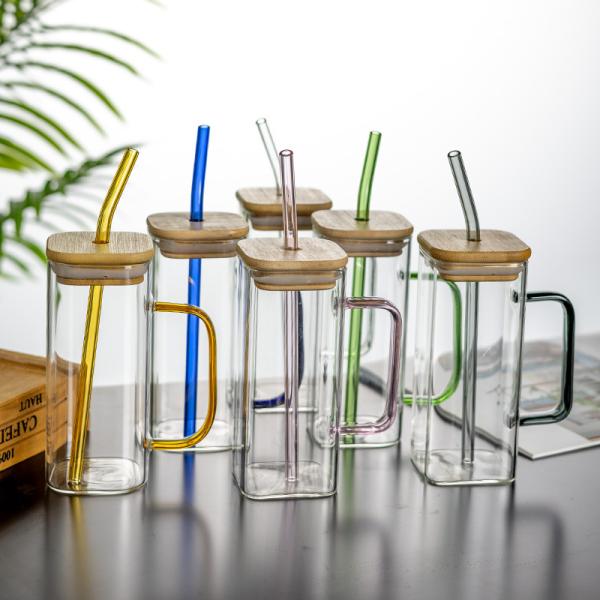 Quality Portable Borosilicate Glass Cup With Colorful Handle PP Lid Glass Straw BPA Free for sale
