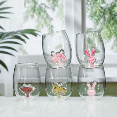 China Customizable Borosilicate Glass Cup With Rabbit Sun Bowknot 3D Pattern Egg Shape Cup Milk Coffee Juice Cup For Home Office Party for sale