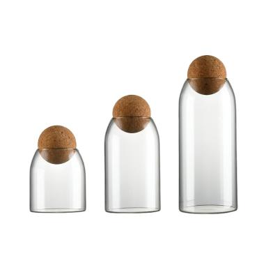 China Hand Blown Borosilicate Glass Storage Jars Cork Lid Modern For Freshness Preservation for sale